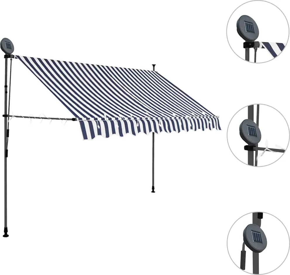 Ručně zatahovací markýza s LED světlem 250 cm modrobílá 145844