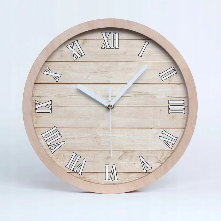 Tiché nástěnné dřevěné hodiny s dřevěným pozadím, průměr 25 cm