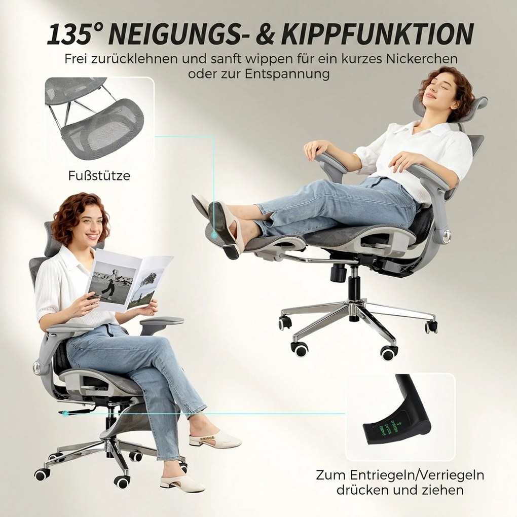 HOMCOM ergonomická síťovaná kancelářská židle — 4D područky, nastavitelná opěrka hlavy a hloubka sedáku, bederní opora, sklápění 135° s opěrkou nohou…