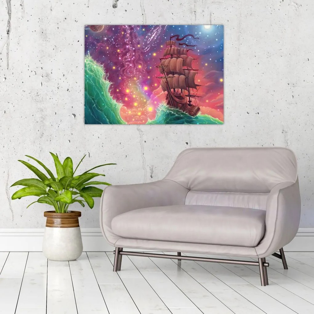 Skleněný obraz - Loď s vesmírnou oblohou (70x50 cm)