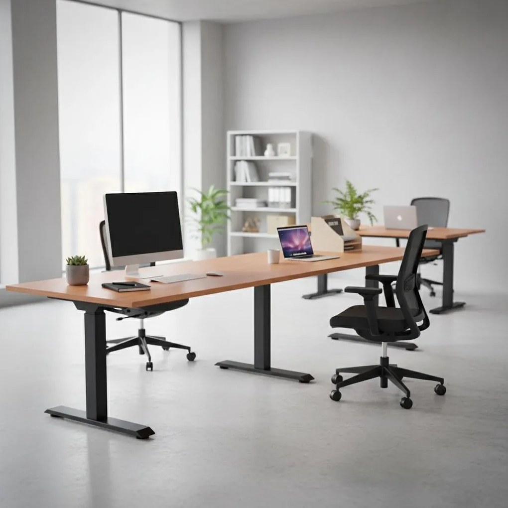 Výškově nastavitelný stůl OfficeTech Long, 260 x 80 cm, černá podnož, třešeň