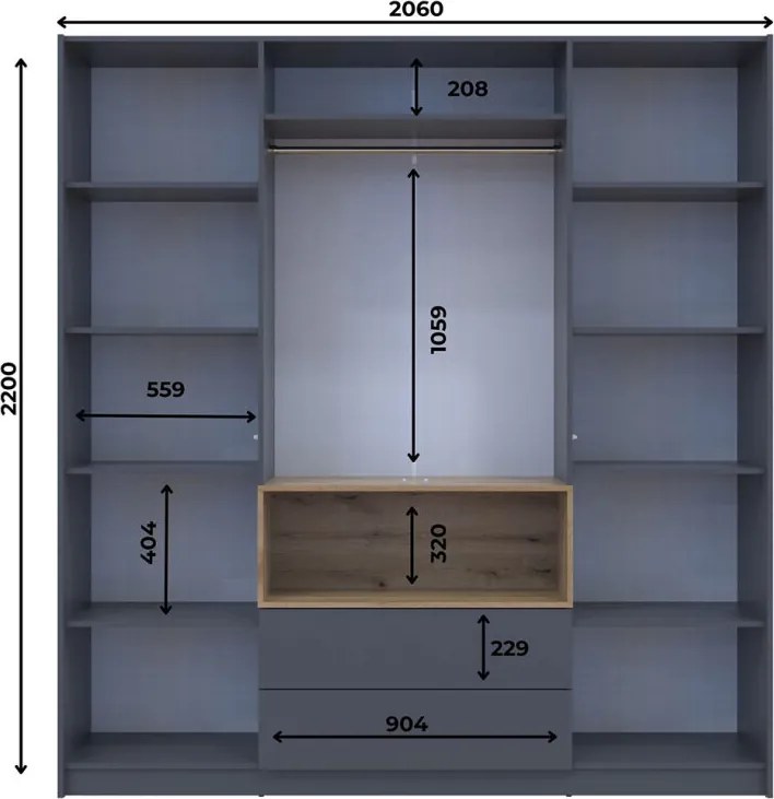 Skříň čtyřdveřová Dale 206x52x220 cm grafit / dub evoke