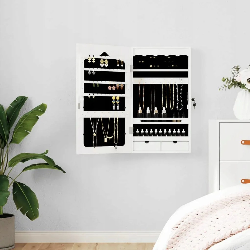 Fionshop 262767037 Zrcadlová šperkovnice nástěnná bílá 37,5 x 10 x 67 cm