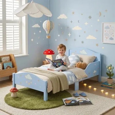 AIYAPLAY Montessori dětská postel 3-6 let, 146x76,5 cm, boční zábrany proti pádu, tvar obláčku pro dětský pokoj, modrá