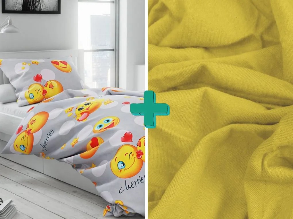 Povlečení z mikrovlákna EMOJI šedé + prostěradlo jersey 90x200 cm žluté