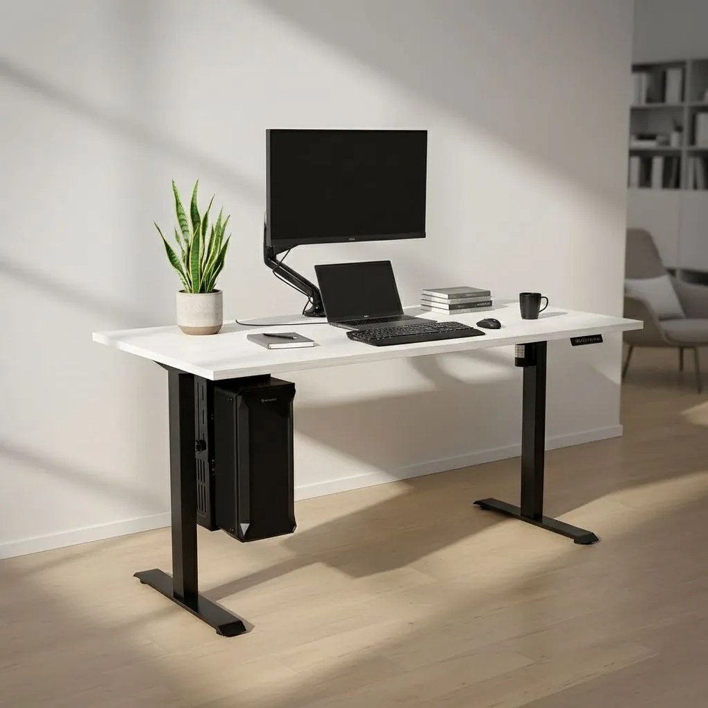 Výškově nastavitelný stůl OfficeTech A, 160 x 80 cm, černá podnož, bílý jasan