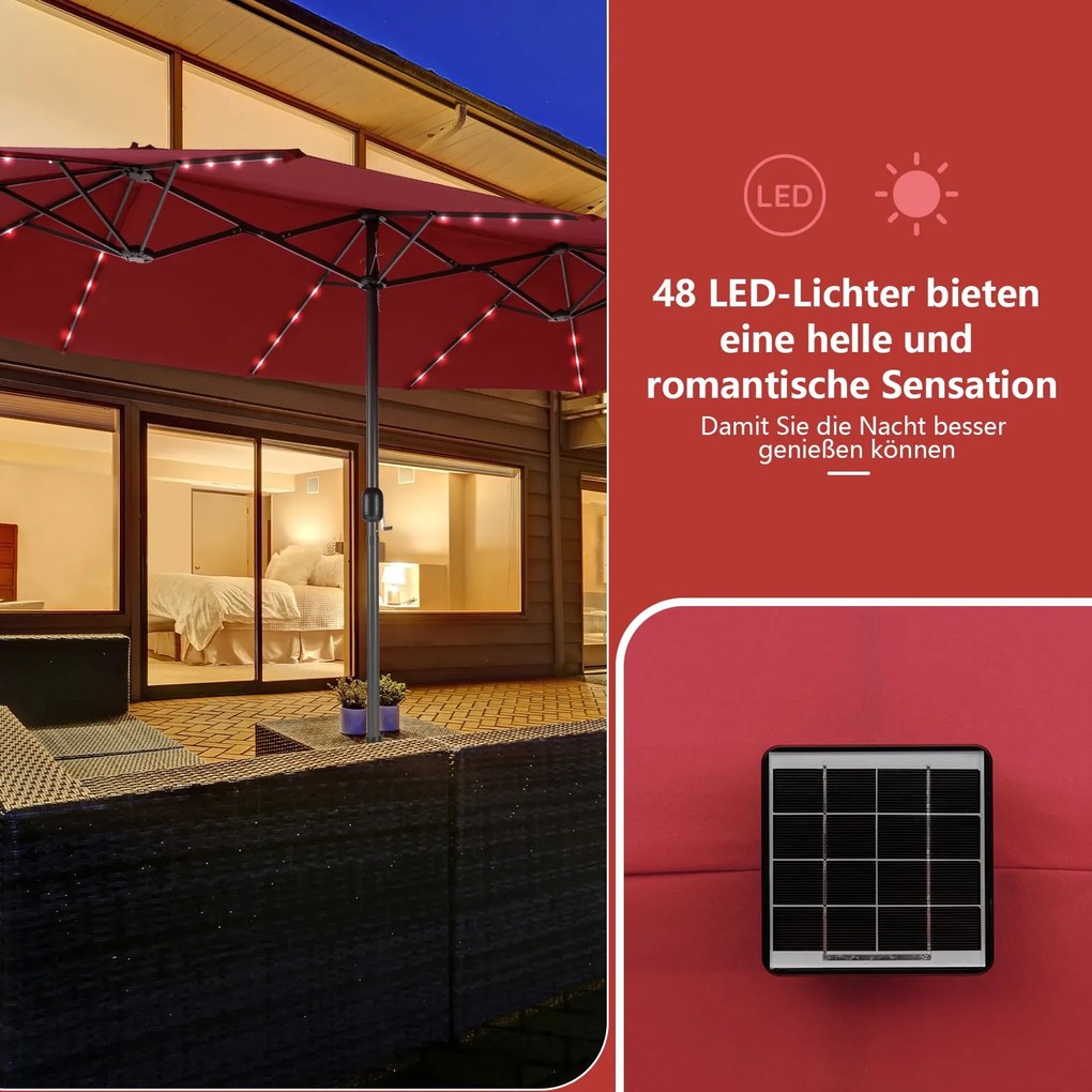Costway 470 cm velký dvojitý deštník na terasu s 48 solárními LED světly