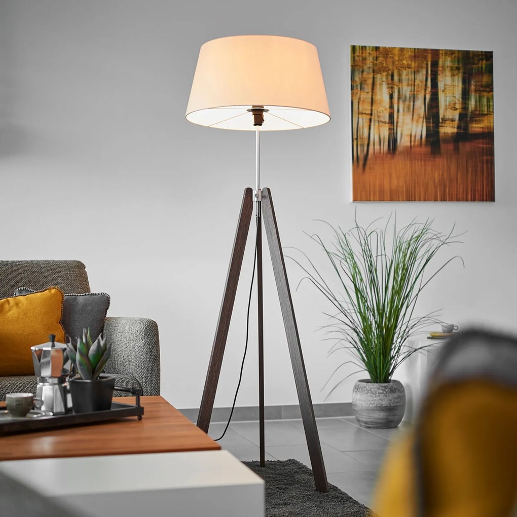 Dřevěná stojací lampa Thea se stínidlem champagne