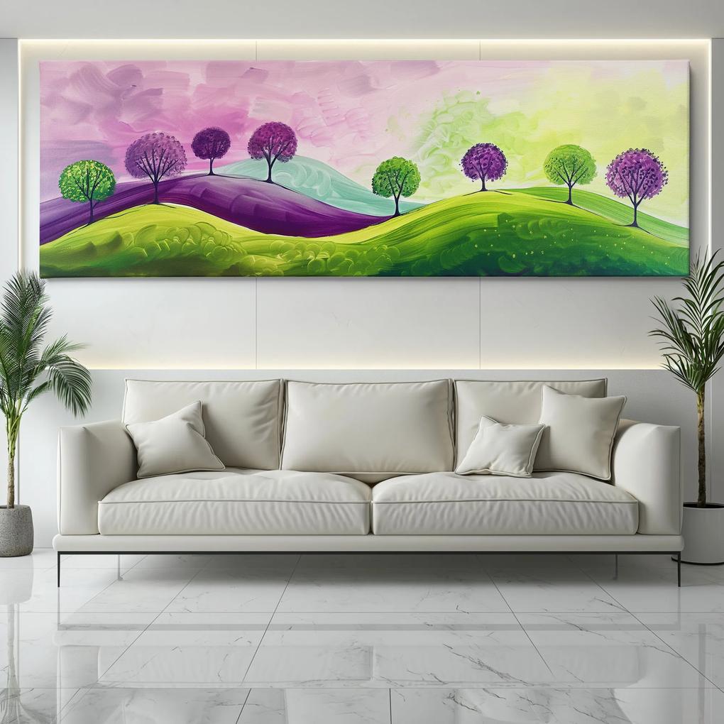 Obraz na plátně - Limetková krajina se stromy FeelHappy.cz Velikost obrazu: 180 x 60 cm