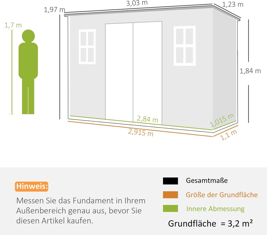 Outsunny zahradní domek 3,2 m² (303 × 123 × 197 cm) – plastový skladovací domek s okny, dvoukřídlými dveřmi, uzamykatelným větráním a podlahou ve vzh…