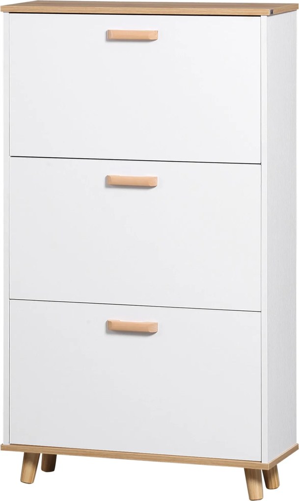 HOMCOM Skandinávský styl botník s 3 sklápěcími dvířky v dřevěném vzhledu - 70 x 23,5 x 122 cm - Bílý