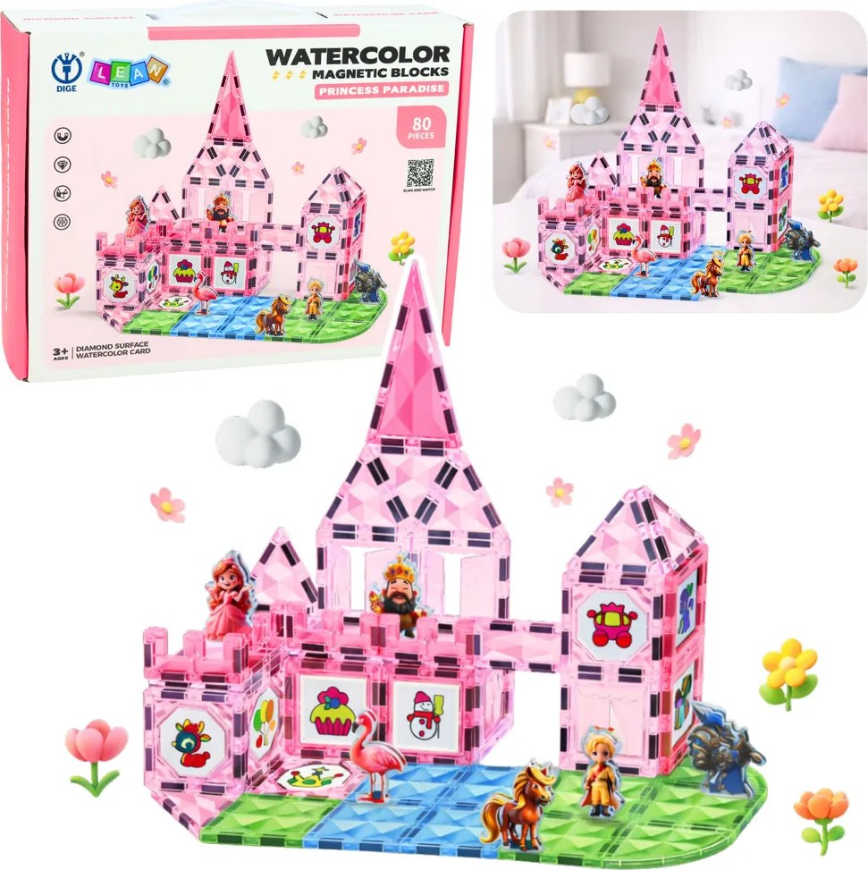LEAN Toys Magnetické kostky s figurkami, barvy, kartičky k malování, růžové, 80 ks.