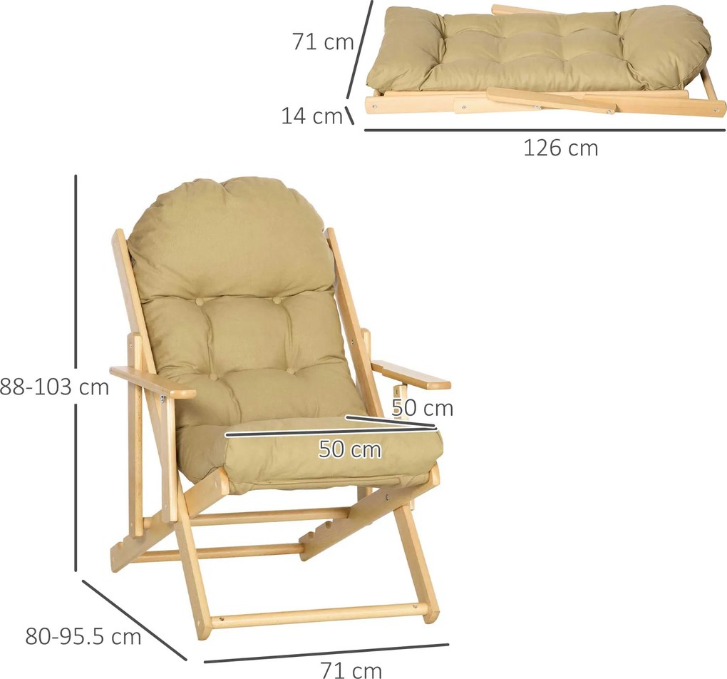 HOMCOM Relaxační křeslo skládací čalouněné křeslo, polohovací křeslo, relaxační křeslo, jídelní židle se vzhledem lnu do obývacího pokoje, bukové dře…