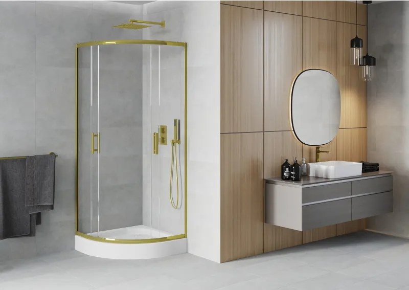 Mexen Rio, čtvrtkruhový sprchový kout s posuvnými dveřmi 80 (dveře) x 80 (dveře) x 190 cm, 5mm čiré sklo, zlatý profil + bílá sprchová vanička RIO, 863-080-080-50-00-4710
