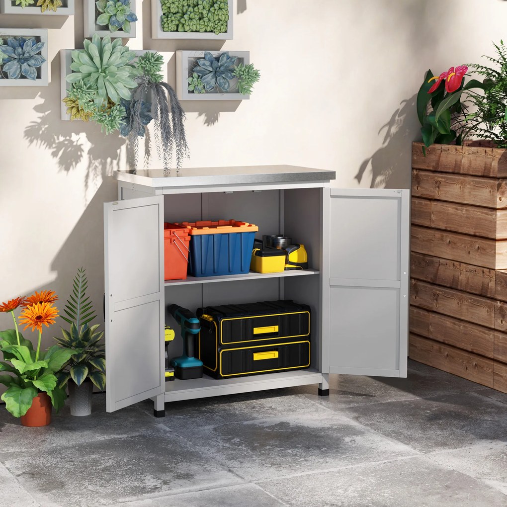Gartenschrank, Außenschrank mit Arbeitsfläche, Werkzeugschrank, Massivholz, Stahl, 79B x 43T x 92H cm, Grau
