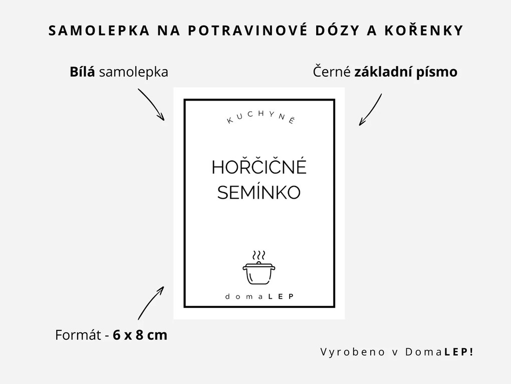 HOŘČIČNÉ SEMÍNKO - omyvatelná samolepka na kořenky, výběr rozměrů Ø 5 cm / 5 x 5 cm / 6 x 8 cm | DomaLEP tvar: KOLEČKO, barva: BÍLÁ - ČERNÉ písmo, velikost: Ø 5 cm - základní písmo