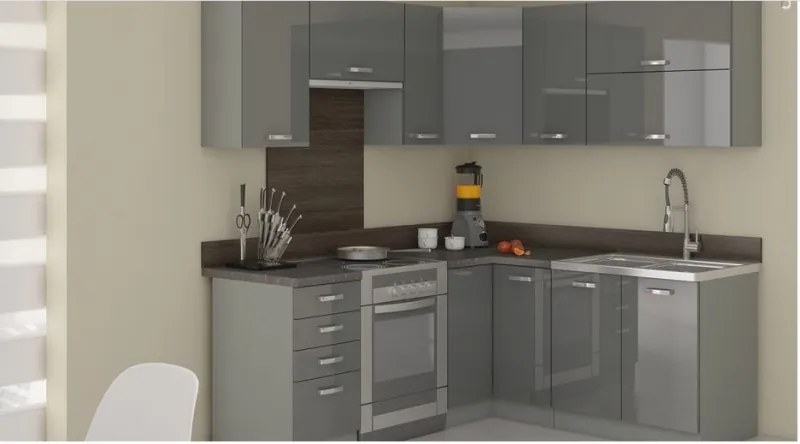 Nábytek Elegance Kuchyňská linka GRÉTA 120/180cm = Dolní skříňky: 80cm dřezová, 40cm zásuvková, Horní skříňky: 80cm plná, 40cm, 60cm digestořová.