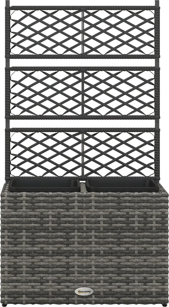 Outsunny Zahradní Truhlík s Trellis pro Popínavé Rostliny, Vyvýšený Truhlík se 2 Vnitřními Květináči, Ocelový Rám a PE Ratan, 57x30x107cm, Šedá