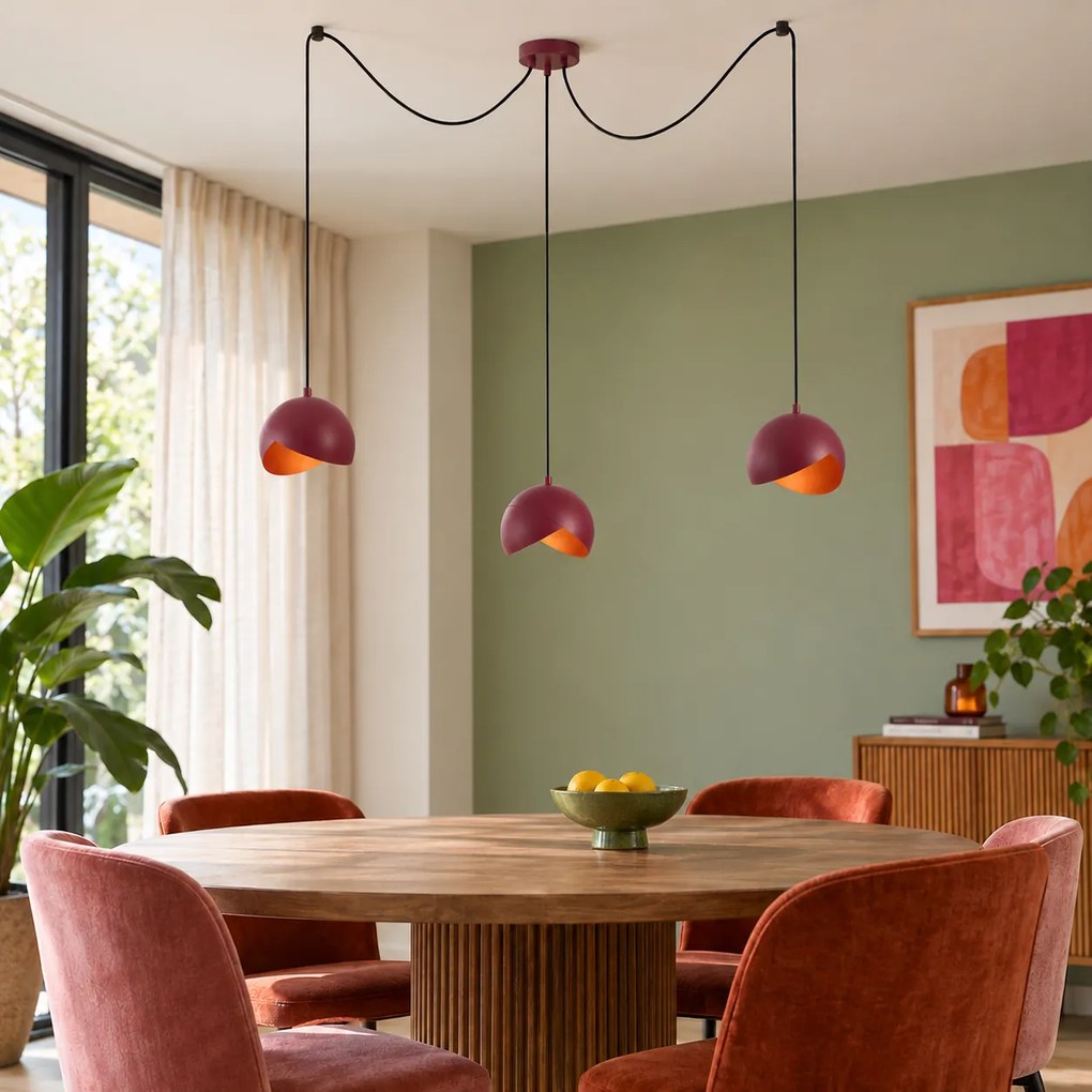 Designová červená závěsná lampa s opálovým sklem, 3 světla - Tulip