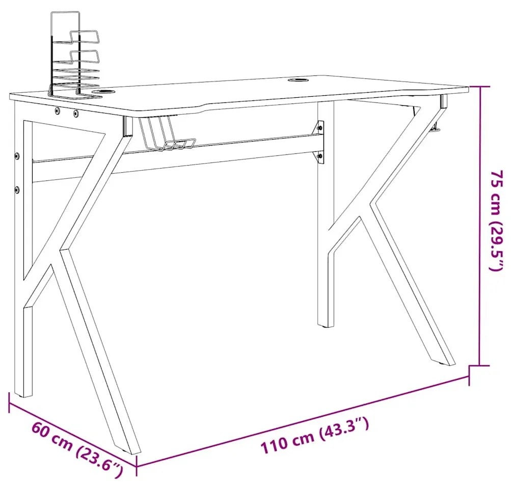 vidaXL Marketos Herní stůl s nohami ve tvaru K černý 110 x 60 x 75 cm