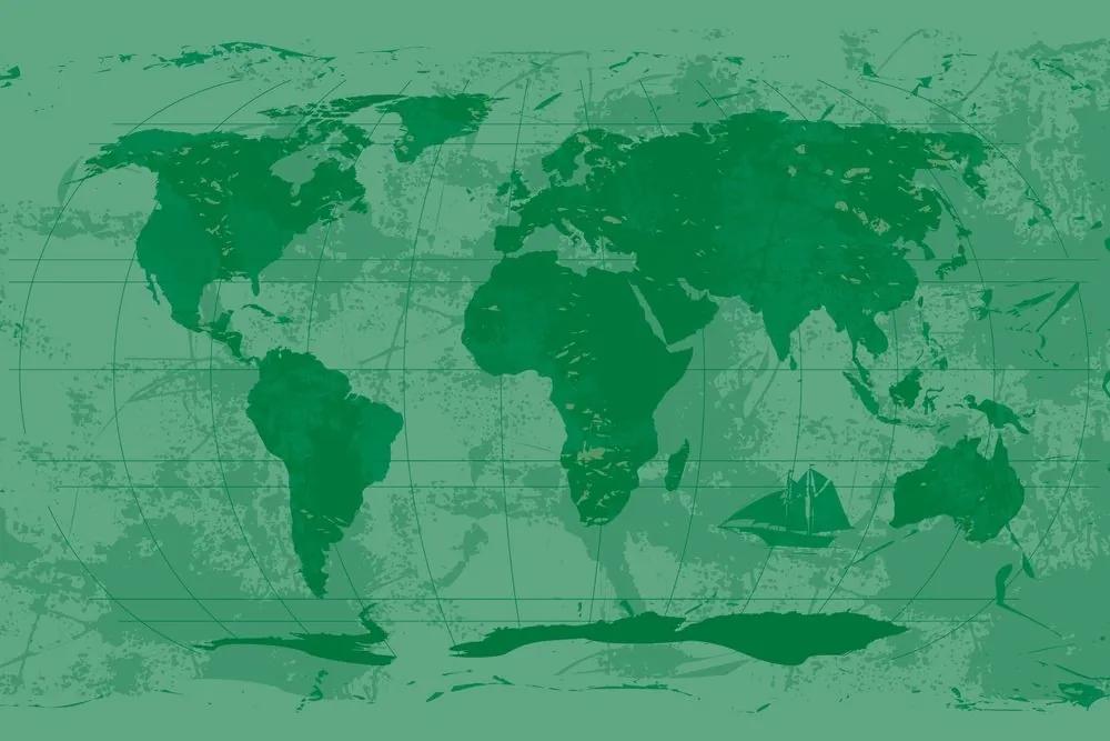 Samolepící tapeta rustikální mapa světa v zelené barvě - 225x150 cm