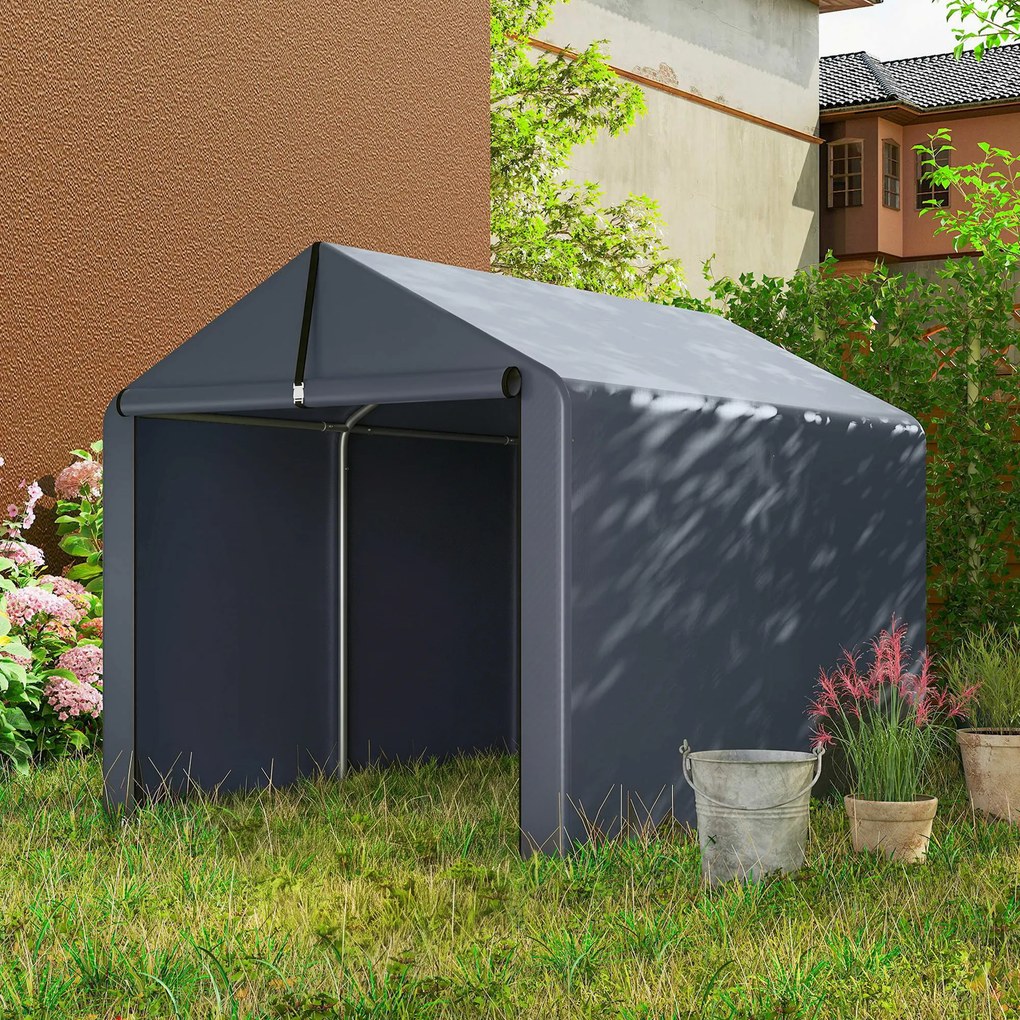 Outsunny 1,62 × 2,22 m voděodolný zahradní úložný stan s rolovacími zipovými dveřmi, sedlová střecha, ocelový rám, UV-odolný — tmavě šedý