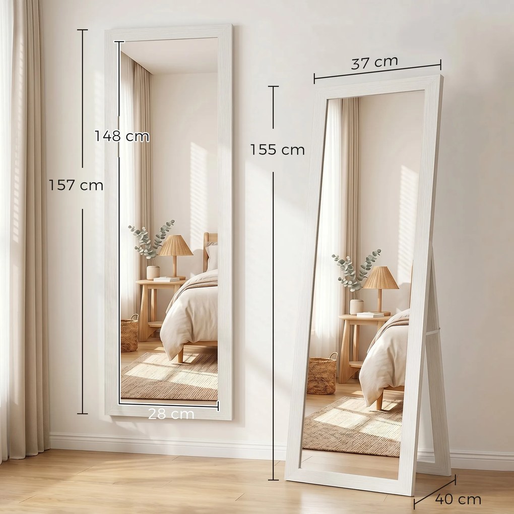 HOMCOM Obdélníkové zrcadlo na stěnu nebo k položení s dřevěným rámem do obývacího pokoje a ložnice 37 x 157 cm bílá