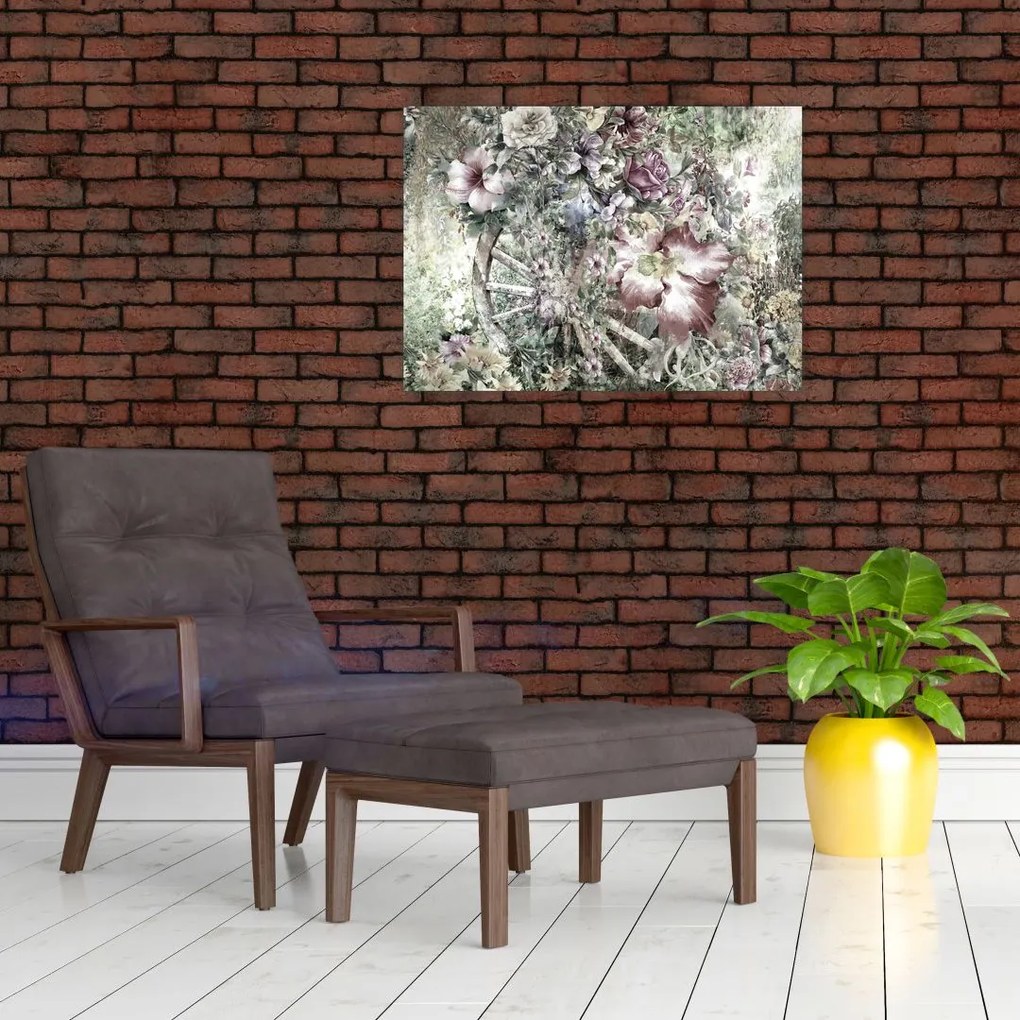 Skleněný obraz květin na dřevěném kole (70x50 cm)