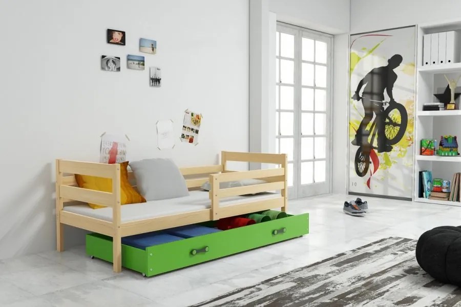Falco Dětská postel Norbert 90x200 s úložným prostorem, borovice/zelená