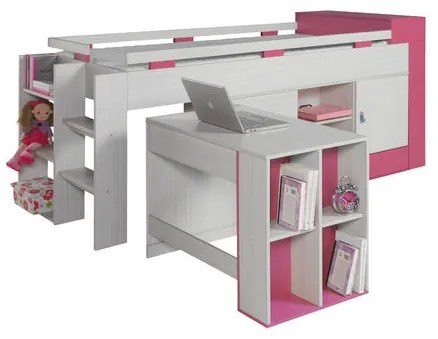 Vyvýšená dětská postel s psacím stolem Cortney 3, Barevné provedení 8 jasan / růžová