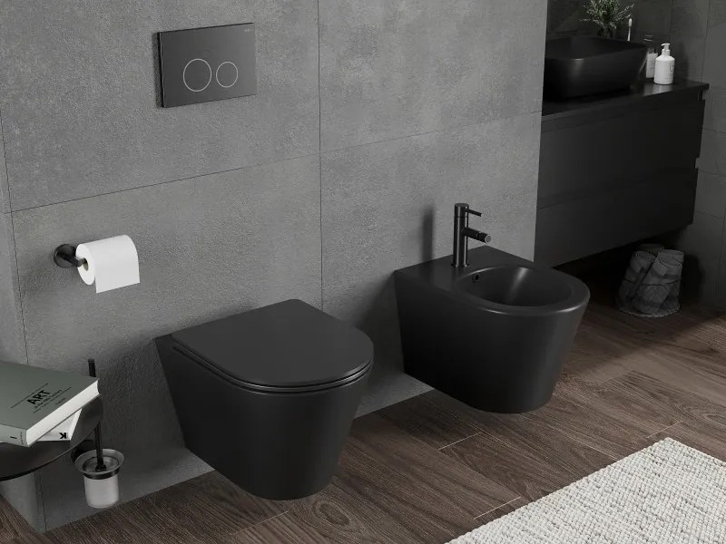 Mexen Rico, závěsná WC mísa 490x360x370 mm, Rimless Tornádo + WC sedátko z duroplastu, černá matná, 30721085T