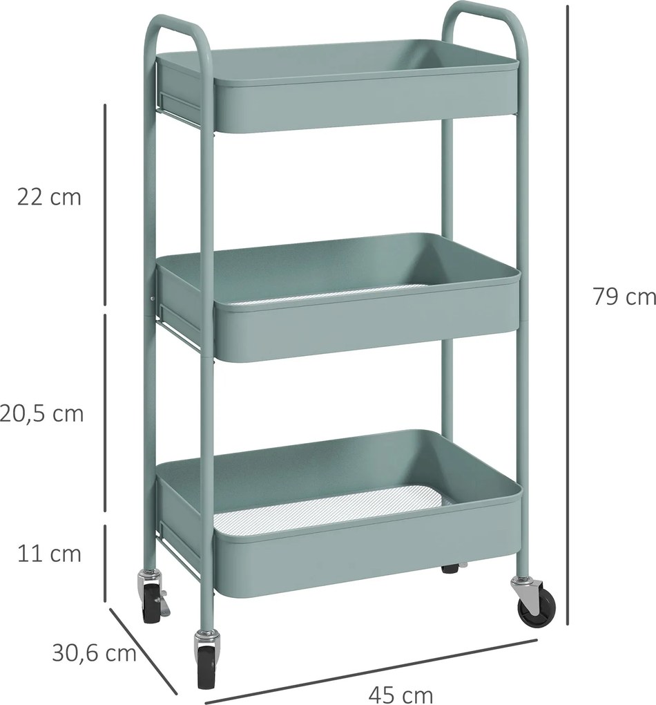 HOMCOM Skladovací vozík na kolečkách se 3 košíky a ocelovým rámem pro obývací pokoj, ložnici, kancelář a kuchyň 45x30x79 cm Světle modrá