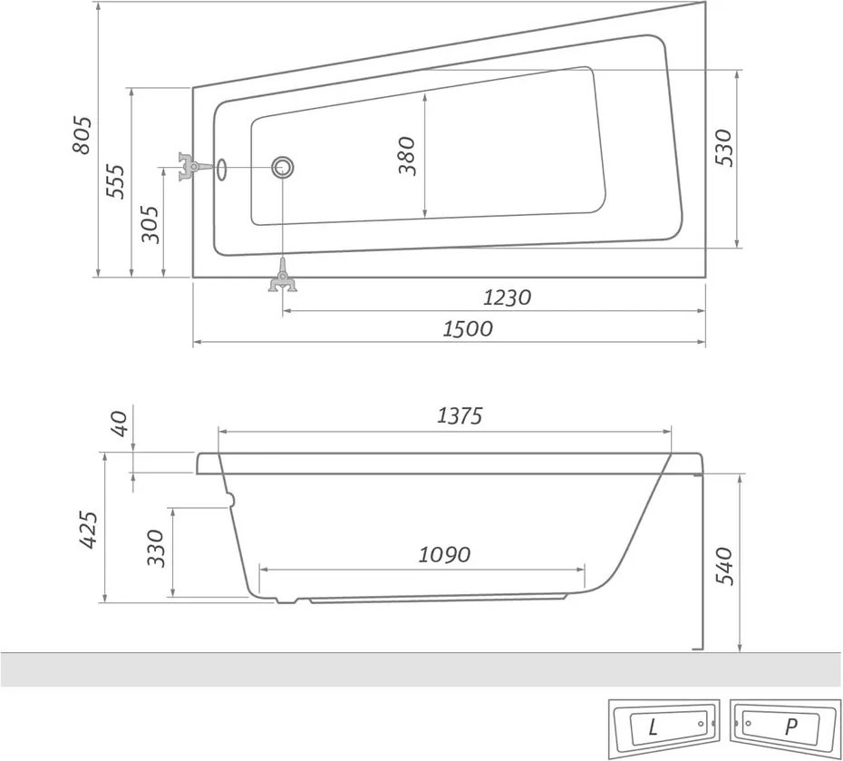 Asymetrická rohová akrylátová vana EVA SIDE S 1500 × 800 Pravá EVA SIDE (P) 200 l 9790000