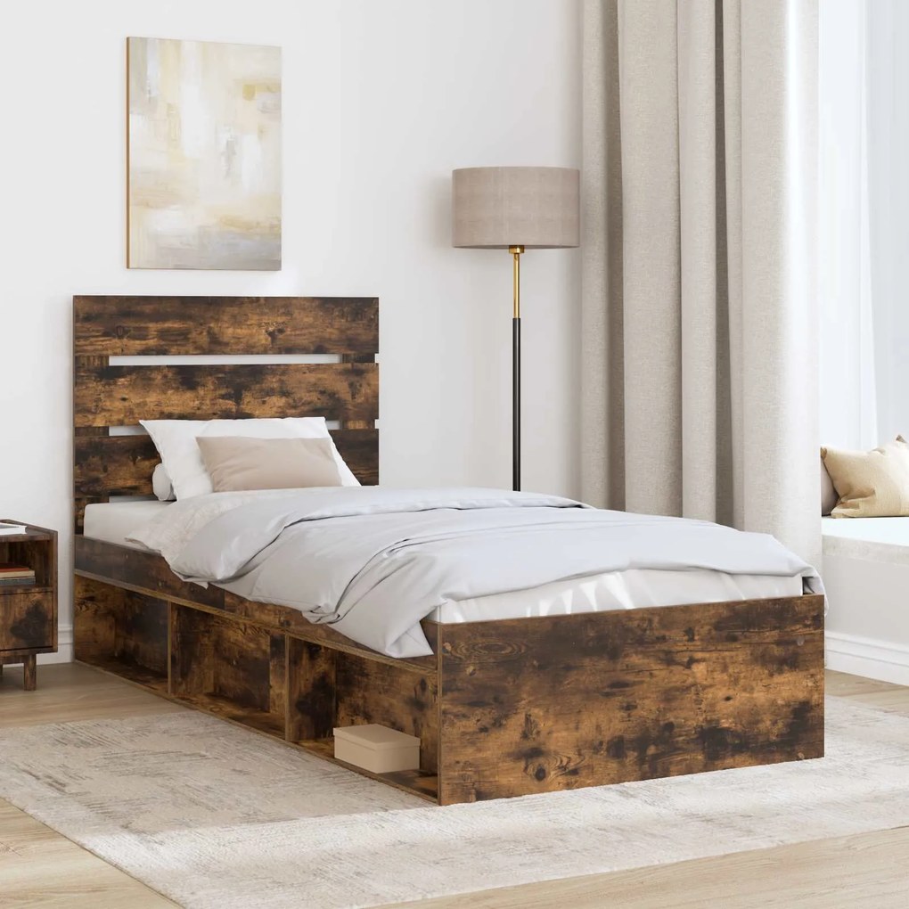 Rám postele s čelo Kouřový dub 75 x 190 cm Masivní borové dřevo 3411804