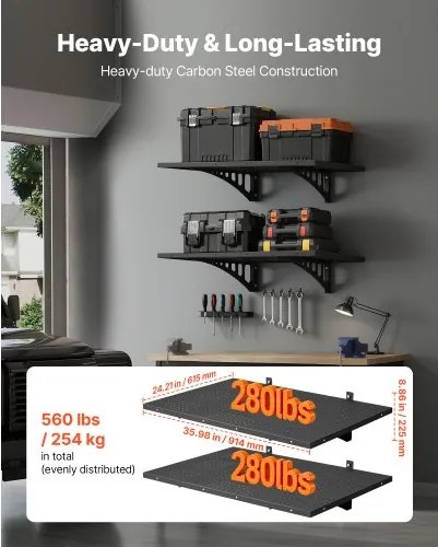 Dvoupatrový vysoce odolný nástěnný regál do garáže, 610 × 914 mm VEVOR – 914 × 620 × 210 mm
