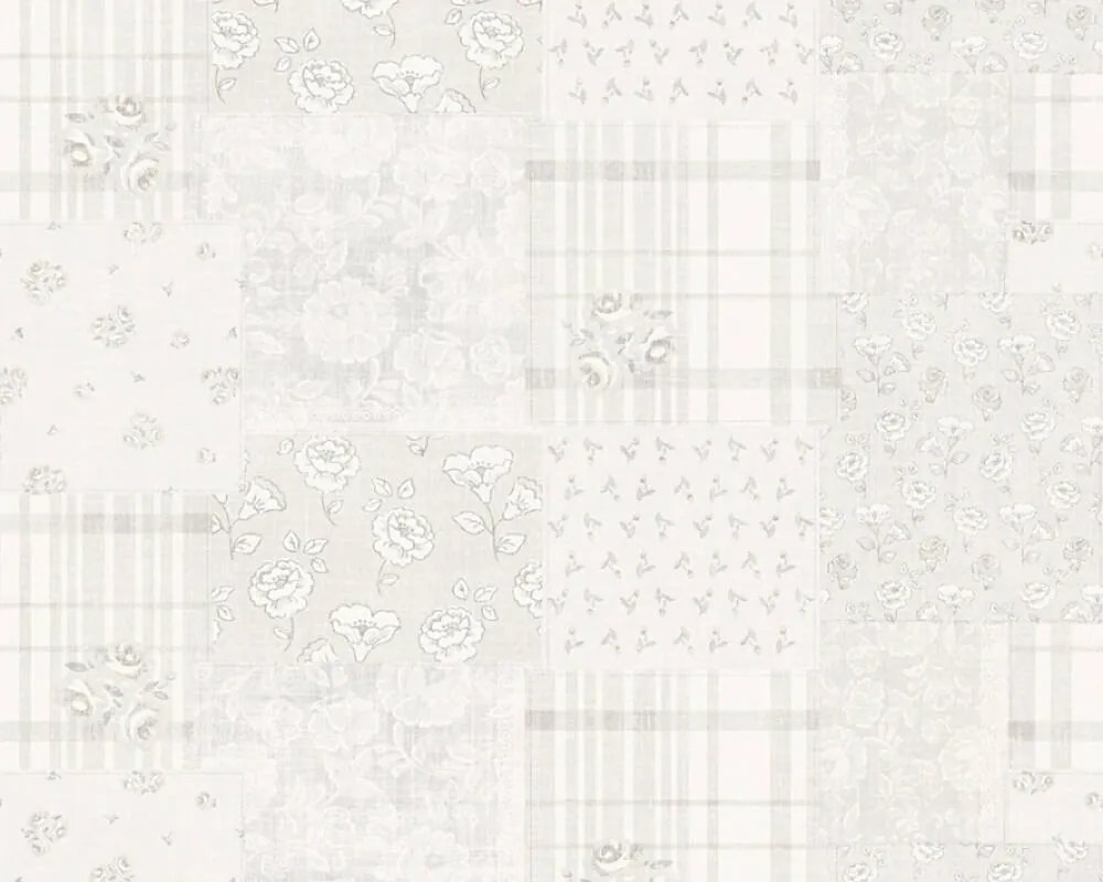 Vliesová tapeta s květinovým kostkovaným vzorem – krémová, šedá, bílá, 390662 / Tapety na zeď 39066-2 Maison Charme (0,53 x 10,05 m) A.S.Création