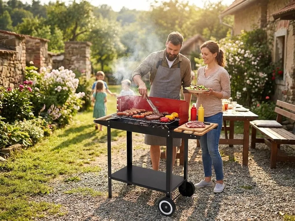 Zahradní gril na dřevěné uhlí BBQ 87x35 cm, černý/červený