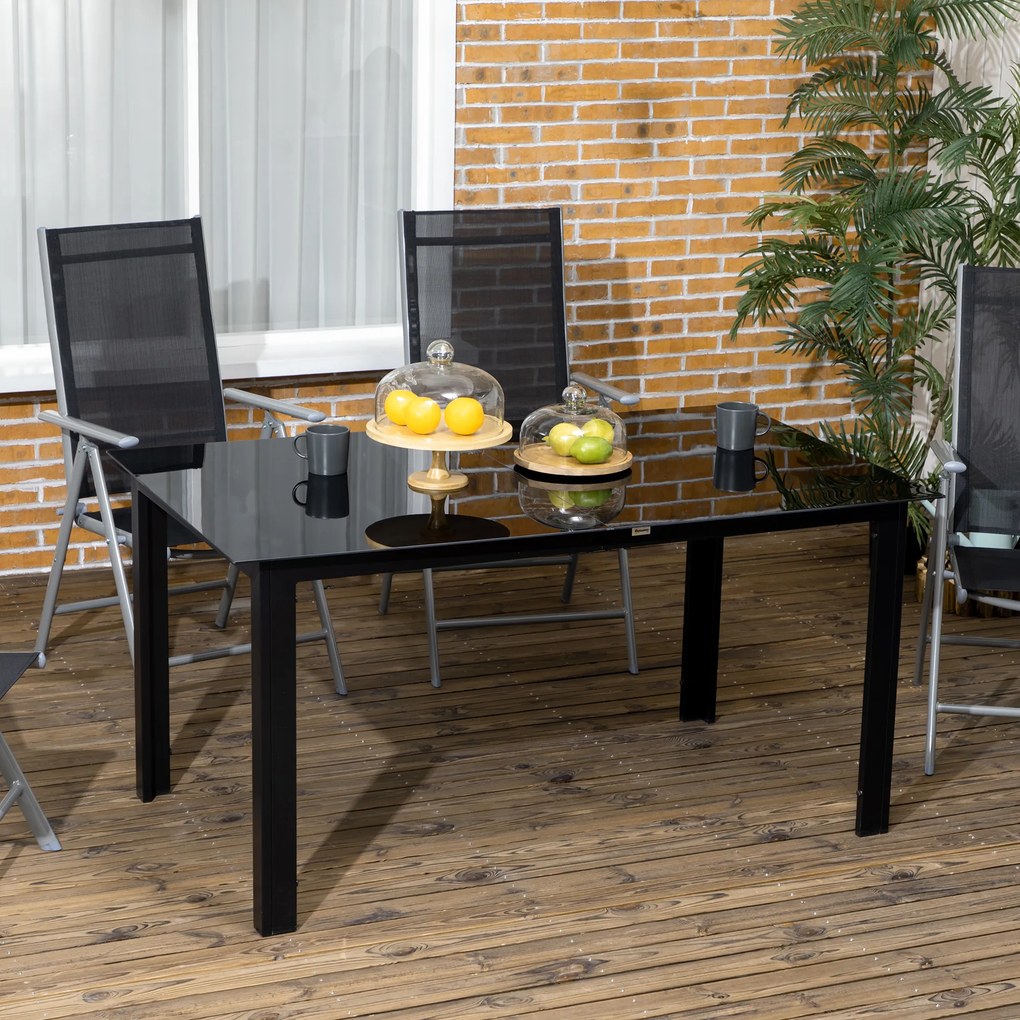 Zahradní stůl Outsunny pro 6 osob, jídelní stůl se skleněnou deskou, 150 x 90 x 74 cm, černý stůl na zahradu a balkon