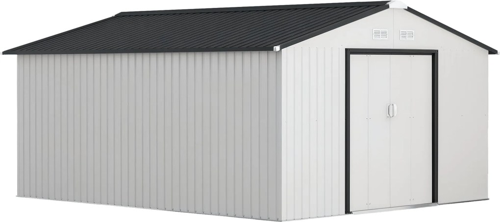 Zahradní kůlna Outsunny 12,4 m² 340x386x200 cm se skládacími dveřmi, šikmou střechou a zesíleným základem (podlaha není součástí) a 4 okny - Bílá | Ao