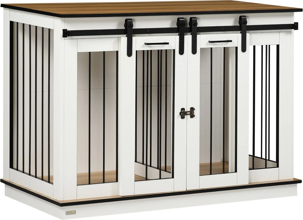 PawHut Psí Kotec s Dvoupokojovou Možností, 2 Dveře Moderní Závodní Kotec pro Ctyřnohé Mazlíčky do 30 kg, Psí Dům 120 x 60 x 88,5 cm Bílý | Aosom