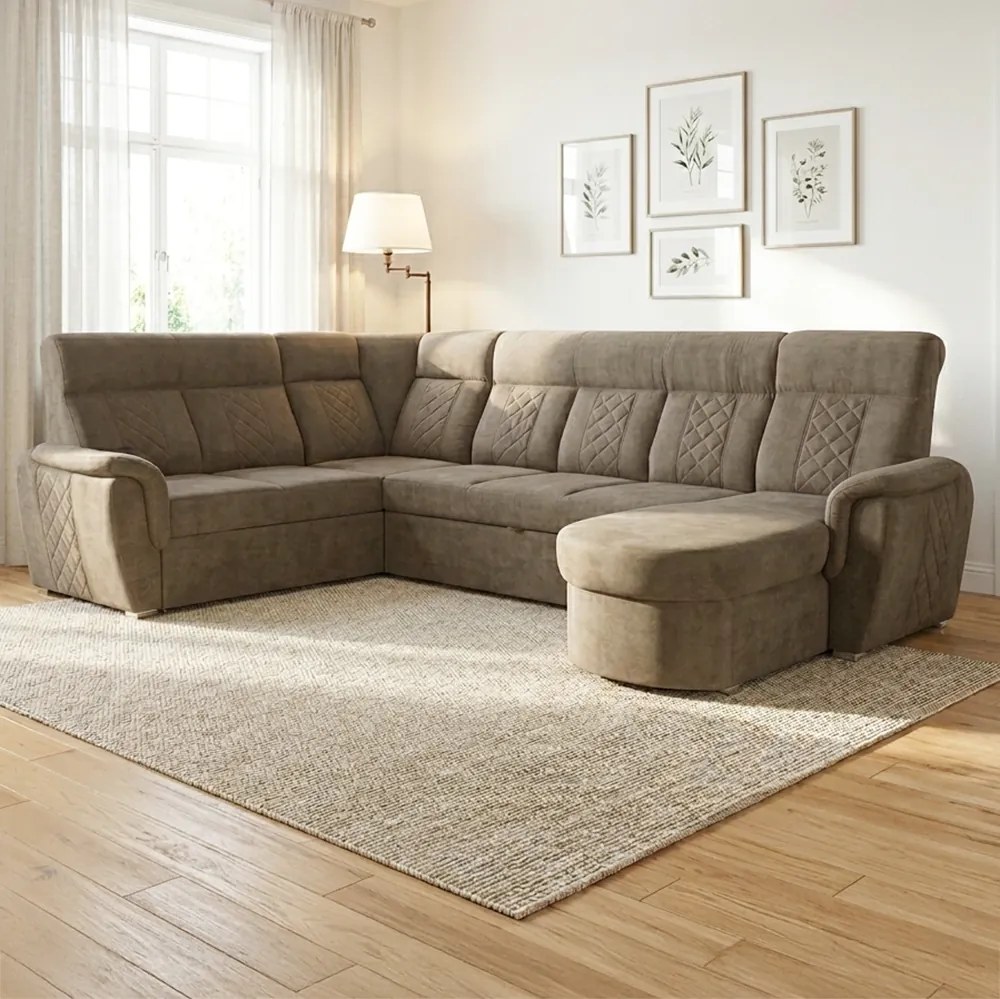 Sedací souprava BOSTON U | 226x322x175 cm | VYSOKÝ sedák a záda | rozkládací s úložným prostorem | hnědošedá