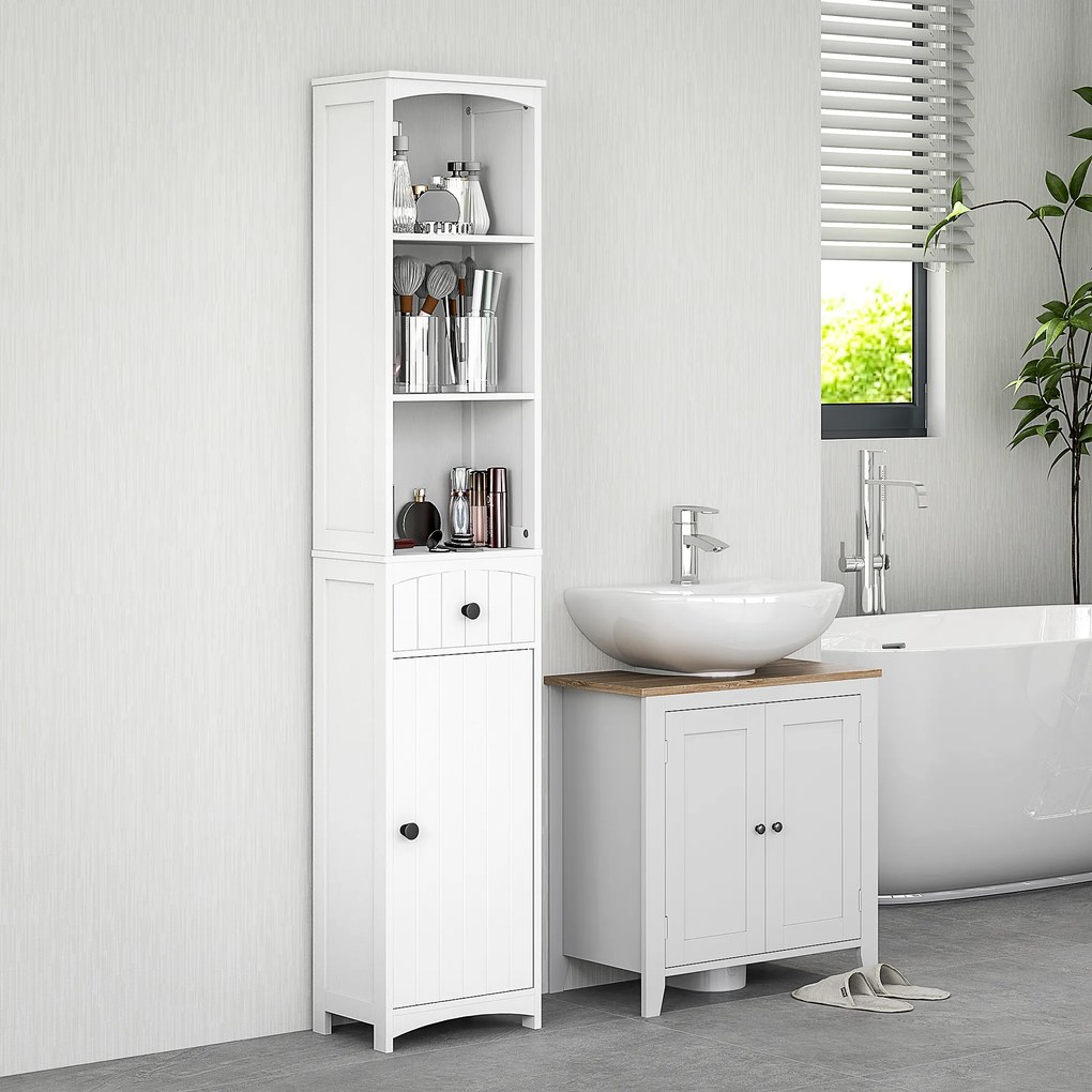 HOMCOM Koupelnová skříňka Vysoká skříňka se 3 policemi a 1 zásuvkou pro koupelnu a obývací pokoj, Bílá, 34x24x170,5cm