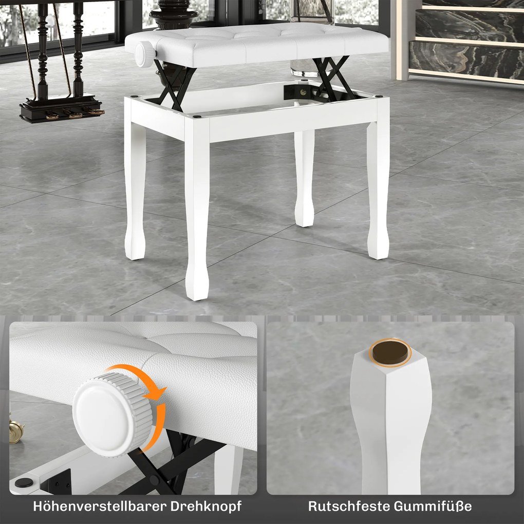 HOMCOM Výškově nastavitelná klavírní stolička, klavírní lavice s polštářem z umělé kůže pro piano klávesnici 64 x 35 x 45-55 cm, bílá