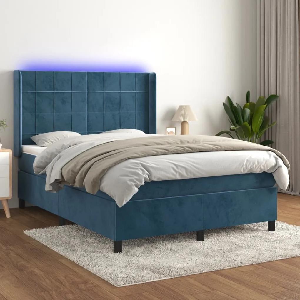 Box spring postel s matrací a LED tmavě modrá 140x190 cm samet,  3139563