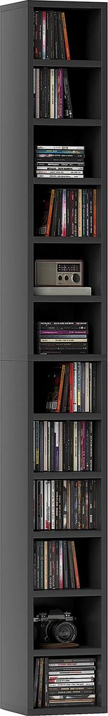 HOMCOM sloupový regál na CD a DVD, 12 přihrádek, pojme až 204 disků, 21 × 20 × 175 cm, černý