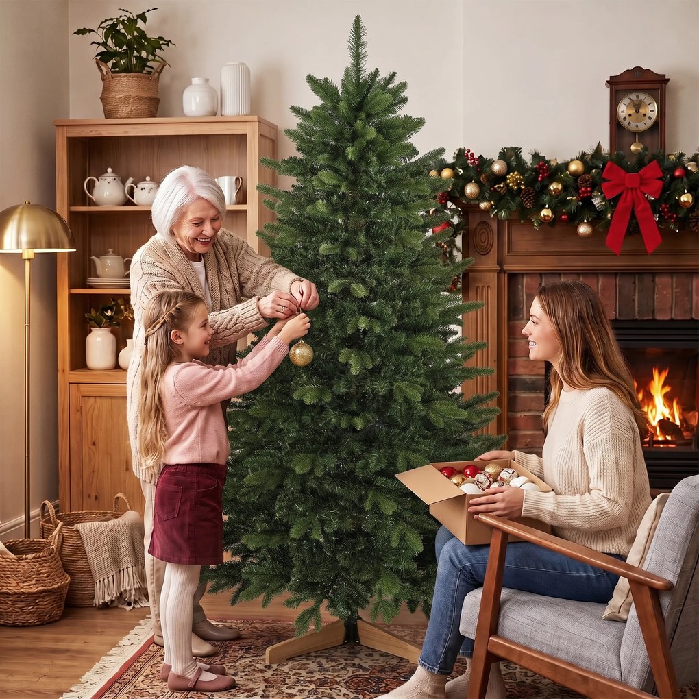 HOMCOM Umělý vánoční stromek 180 cm, jedle Fraser s dřevěným stojanem, 988 realistických špiček větviček pro domácnost a kancelář, zelený