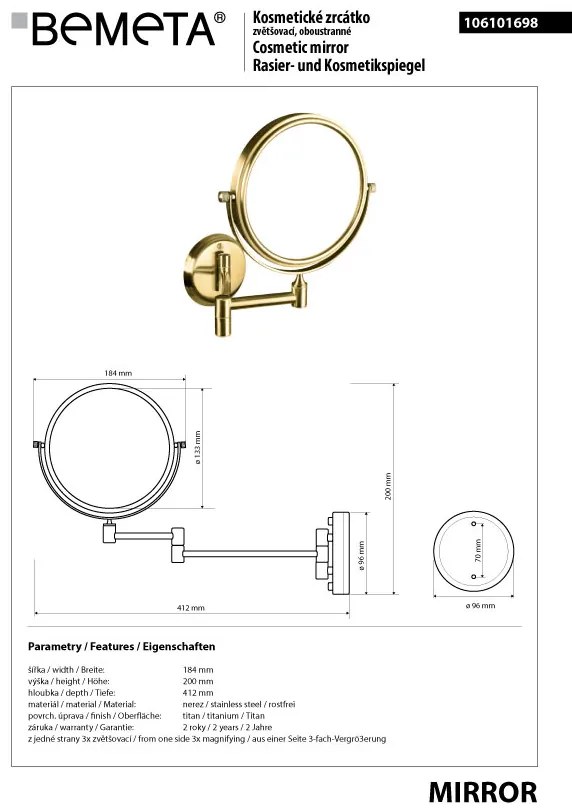 Bemeta Design RETRO zlato: Kosmetické zrcátko oboustranné, ø 140 mm -