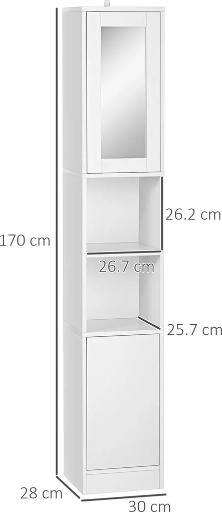 Kleankin Koupelnová skříňka s úložným prostorem, zrcadlem a otevíráním na tlak, víceúčelová dřevěná koupelnová skříňka, 30x28x170cm, bílá
