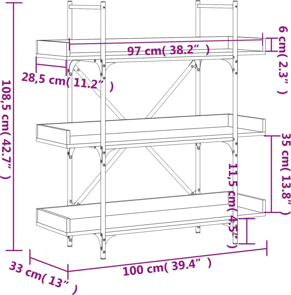 vidaXL Knihovna se 3 policemi šedá sonoma 100 x 33 x 108,5 cm kompozit [837690]