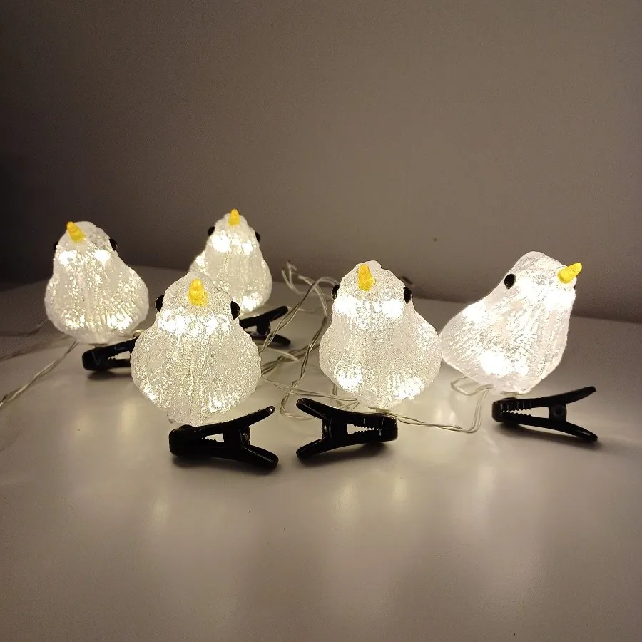 LED svítící ptáčci, akryl, 5 ks, teple bílá